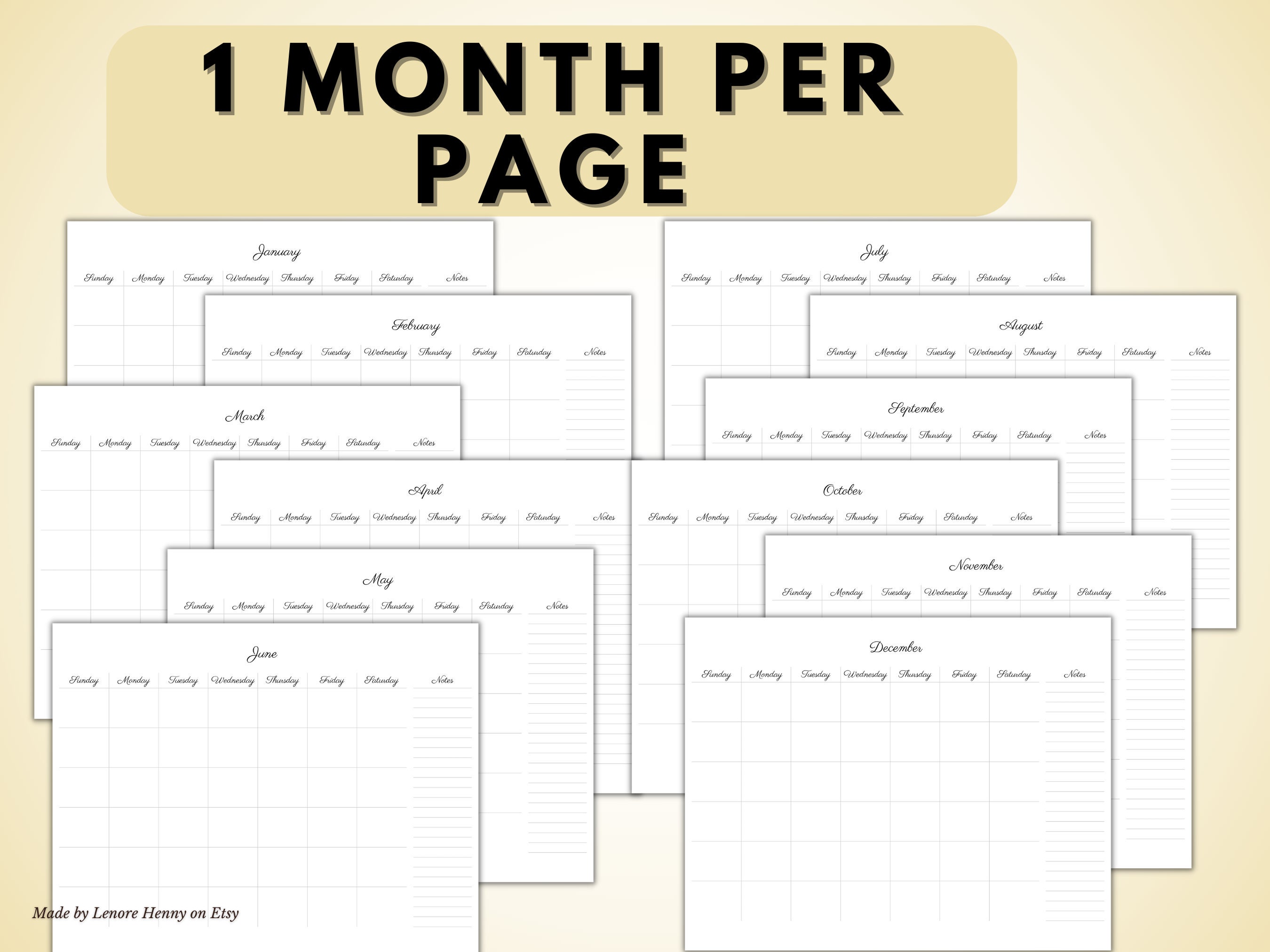 Blank Undated Monthly Calendar With Sunday Start and Side Notes. Simple ...