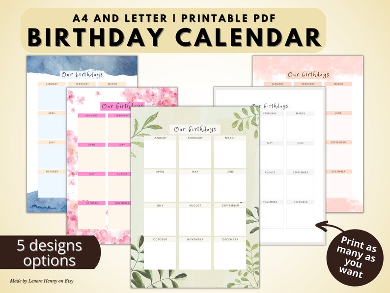 Printable Birthday Calendar for Family, Work, Classroom or Friends ...