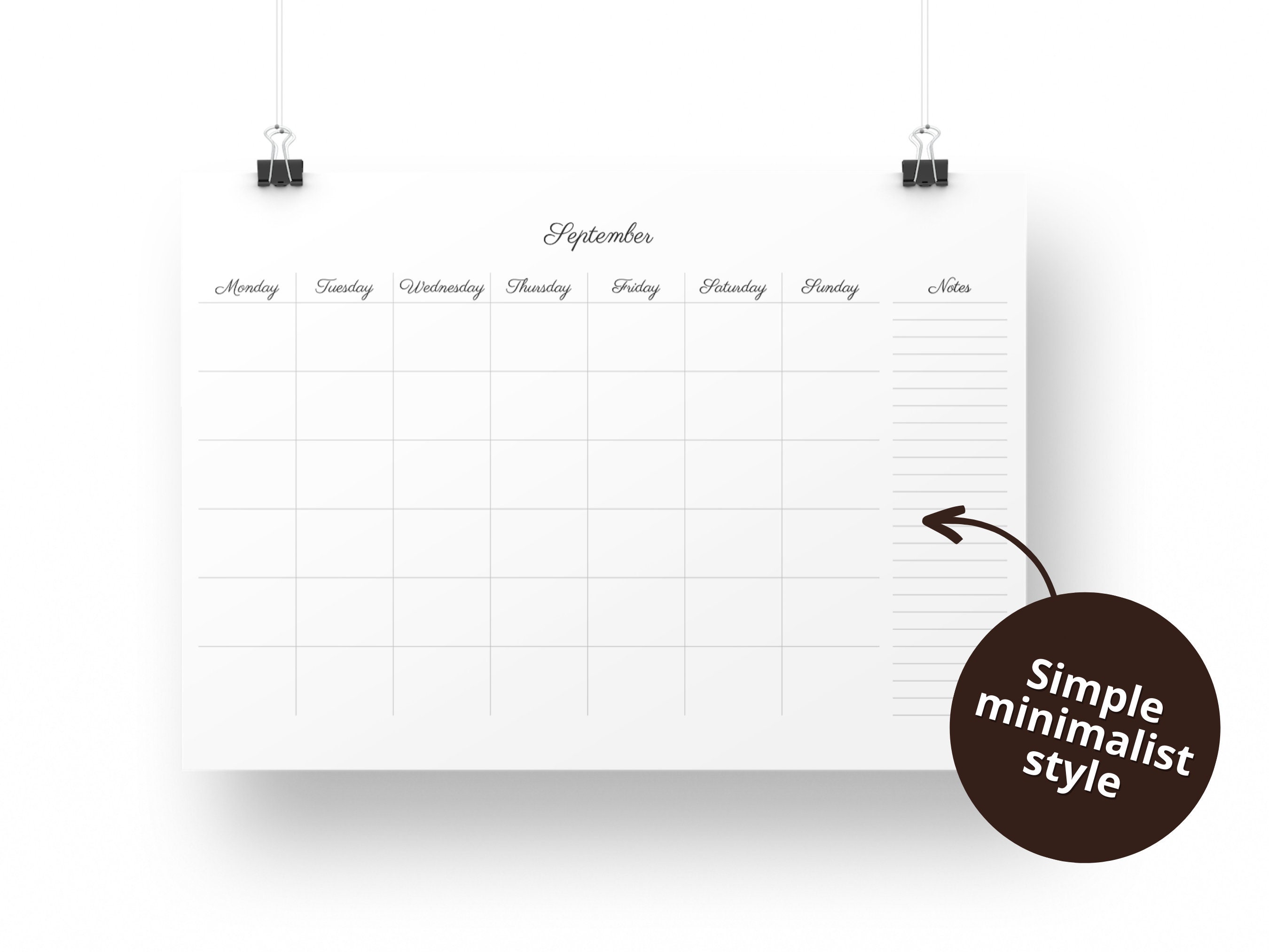 Blank Undated Monthly Calendar With Monday Start and Side Notes. Simple ...
