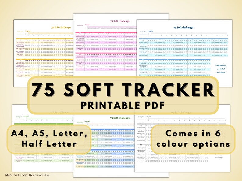 75 Soft Challenge PDF Printable Tracker in 6 Colors. Habit Tracker for ...