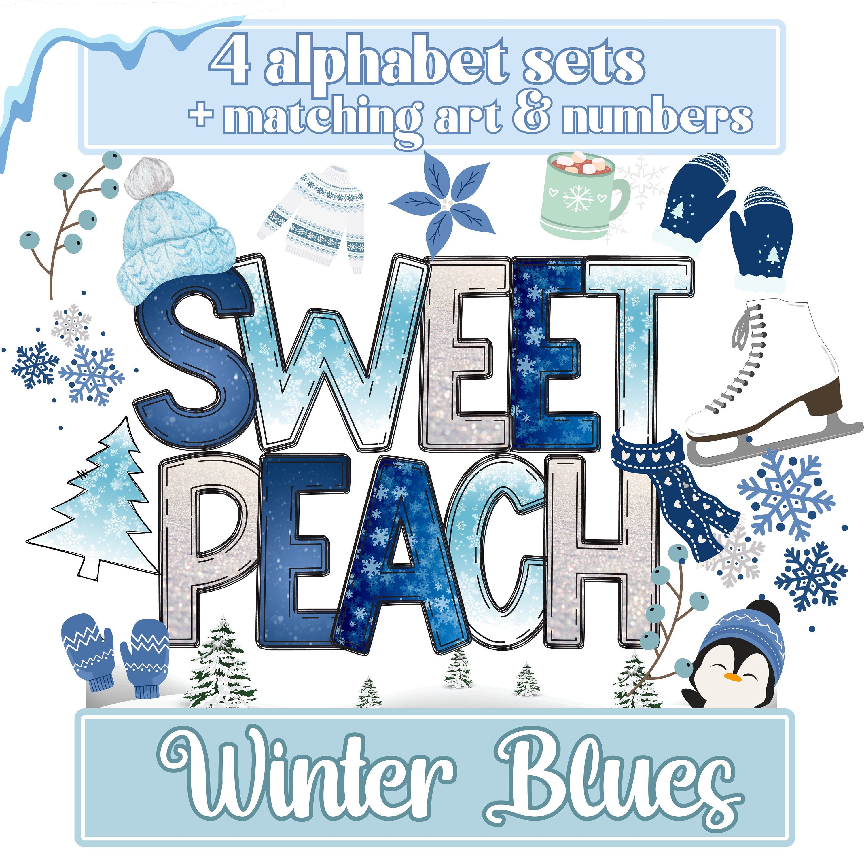 Winter Doodle Alphabet Letter PNG Bundle Winter Doodle Letter Number ...