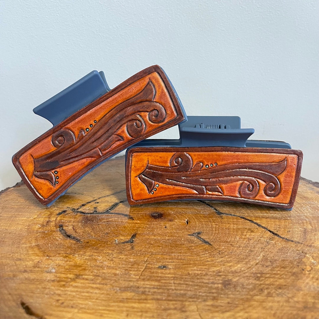 Simple Design Tooled Leather Claw Clip - Etsy