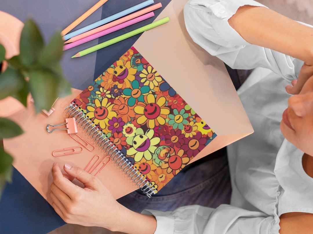 Smiley Faces Spiral Notebook - Flower Faces - Flower Groovy Retro ...