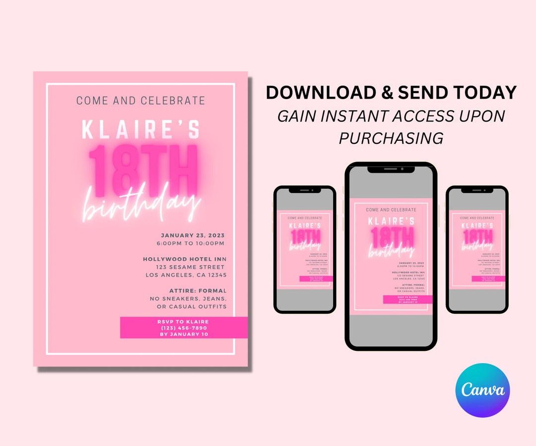 Pink Birthday Party Invitation, Pink Invite, Digital Editable Template ...