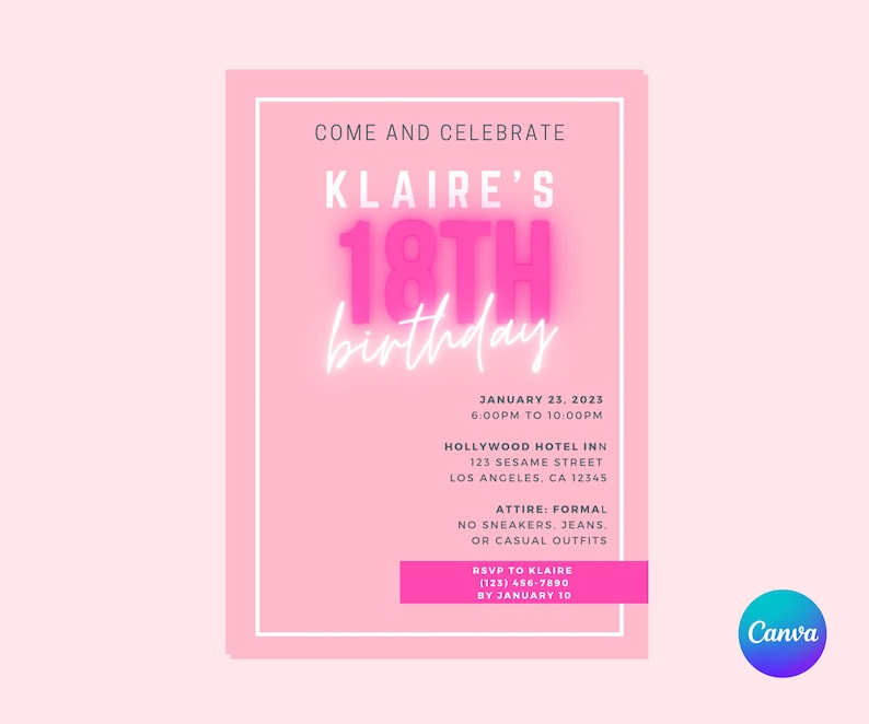 Pink Birthday Party Invitation, Pink Invite, Digital Editable Template ...