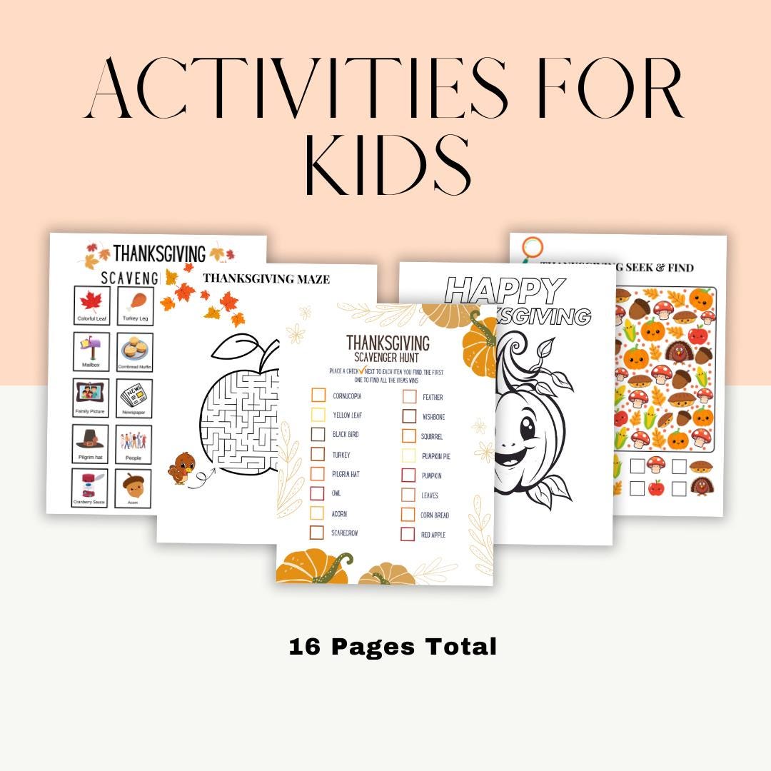 Thanksgiving Kids Activity Pages, Set of Sixteen Activity Sheets for Kids, Fall Fun Activities ...