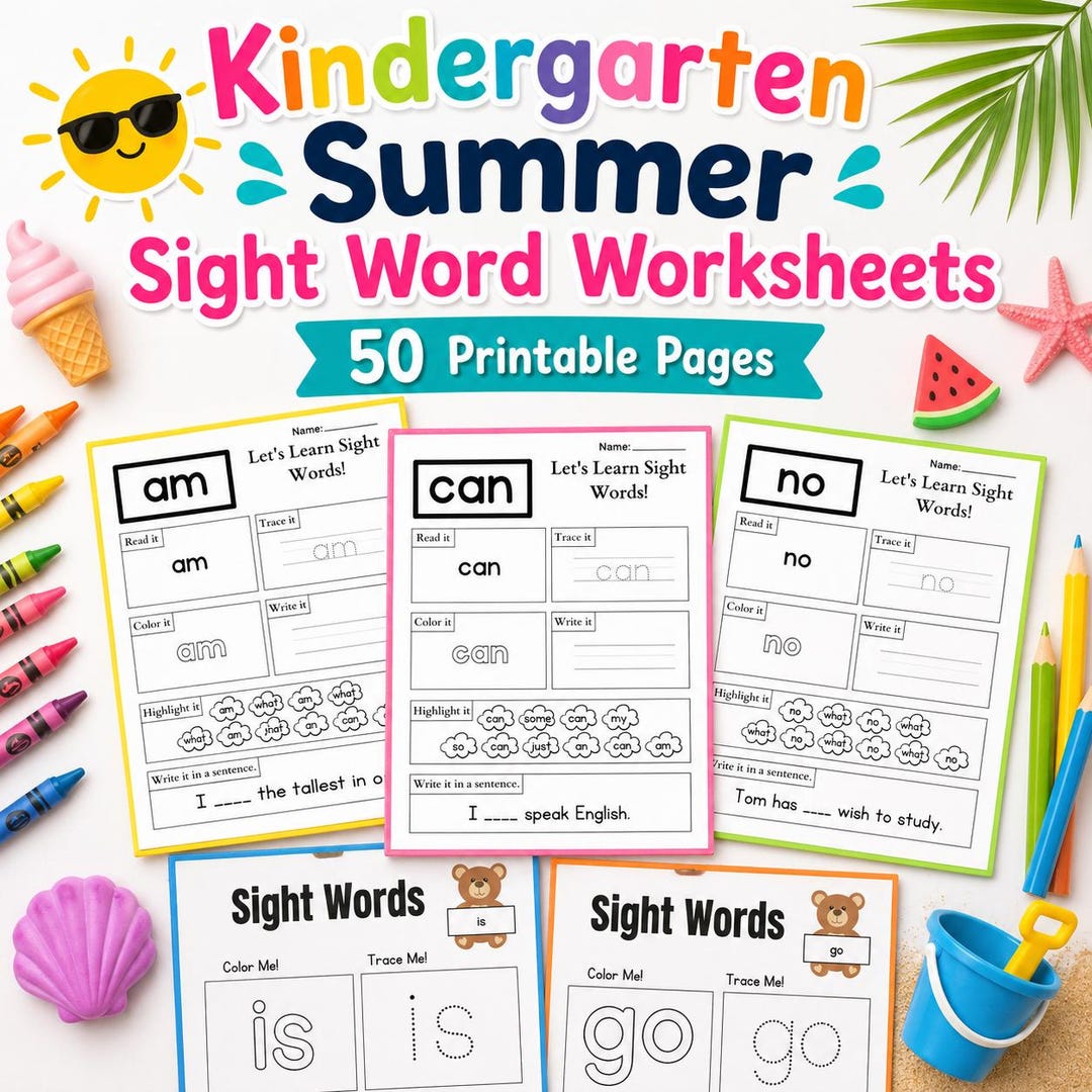 Kindergarten Summer Sight Word Worksheets, 50 Printable Pages, Summer ...