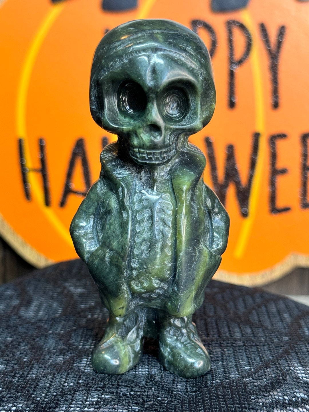 Dark Green Serpentine Halloween Crystal Skeleton Man in A Hoodie and ...