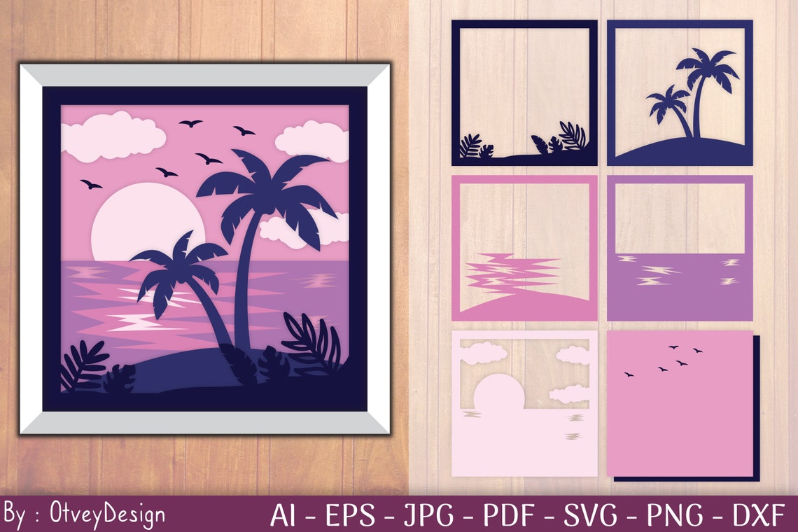 Tropical Beach Sunset 3D Shadow Box | LAYERED PAPERCUT - Etsy