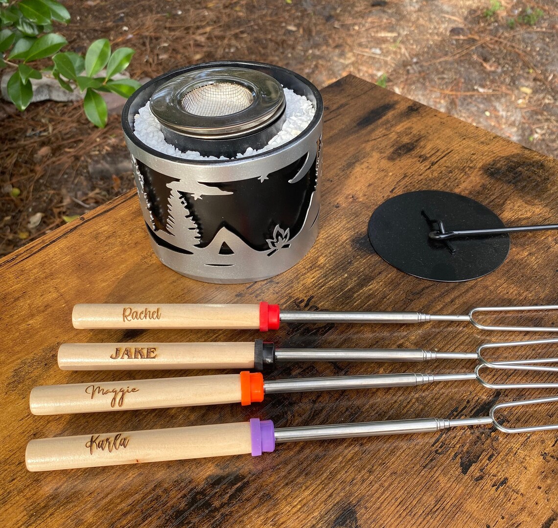 Mini Campfire Pit & 2 Custom Roasting Sticks Set, Personalized Camping ...