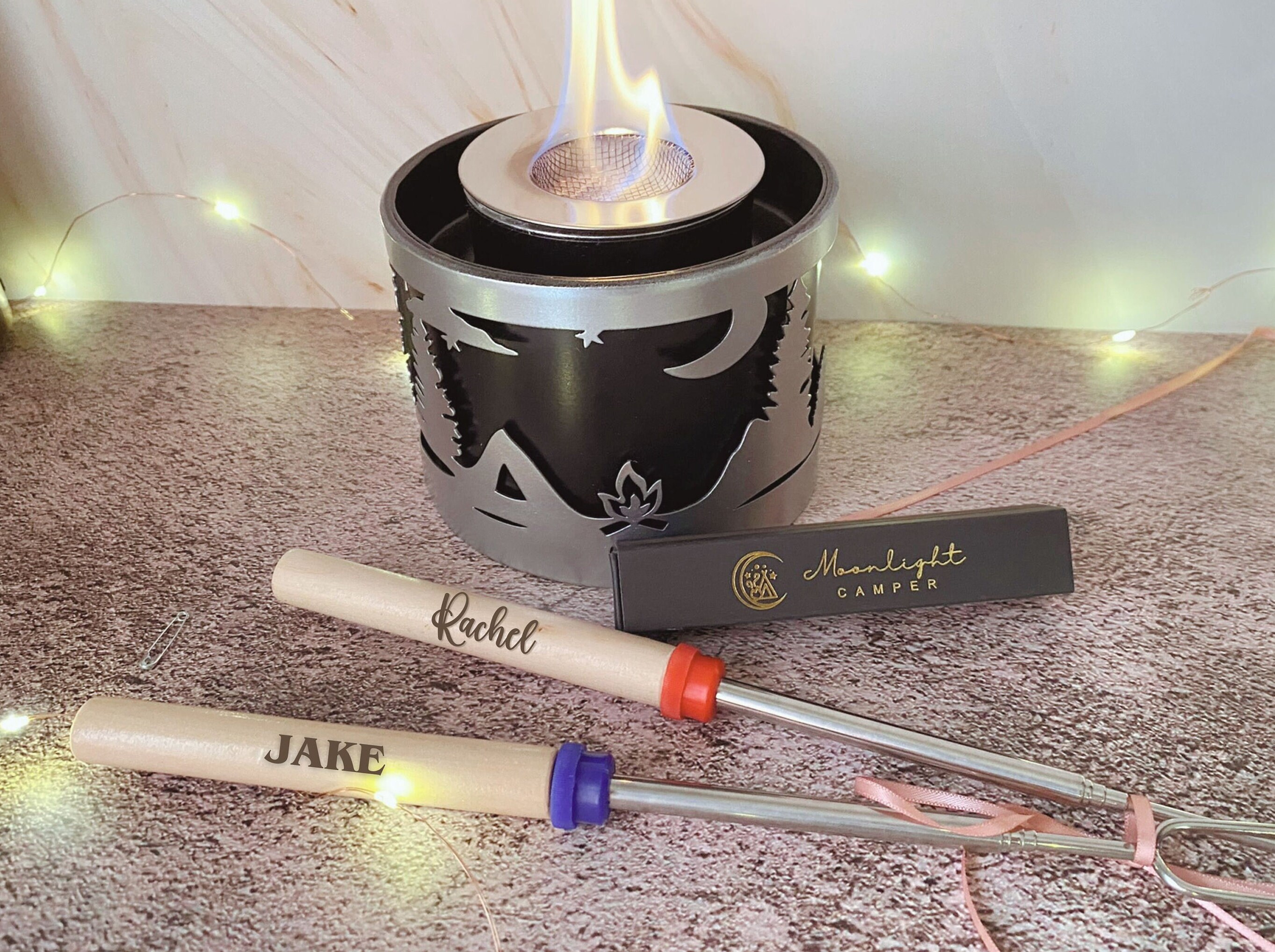 Mini Campfire Pit & 2 Custom Roasting Sticks Set, Personalized Camping ...