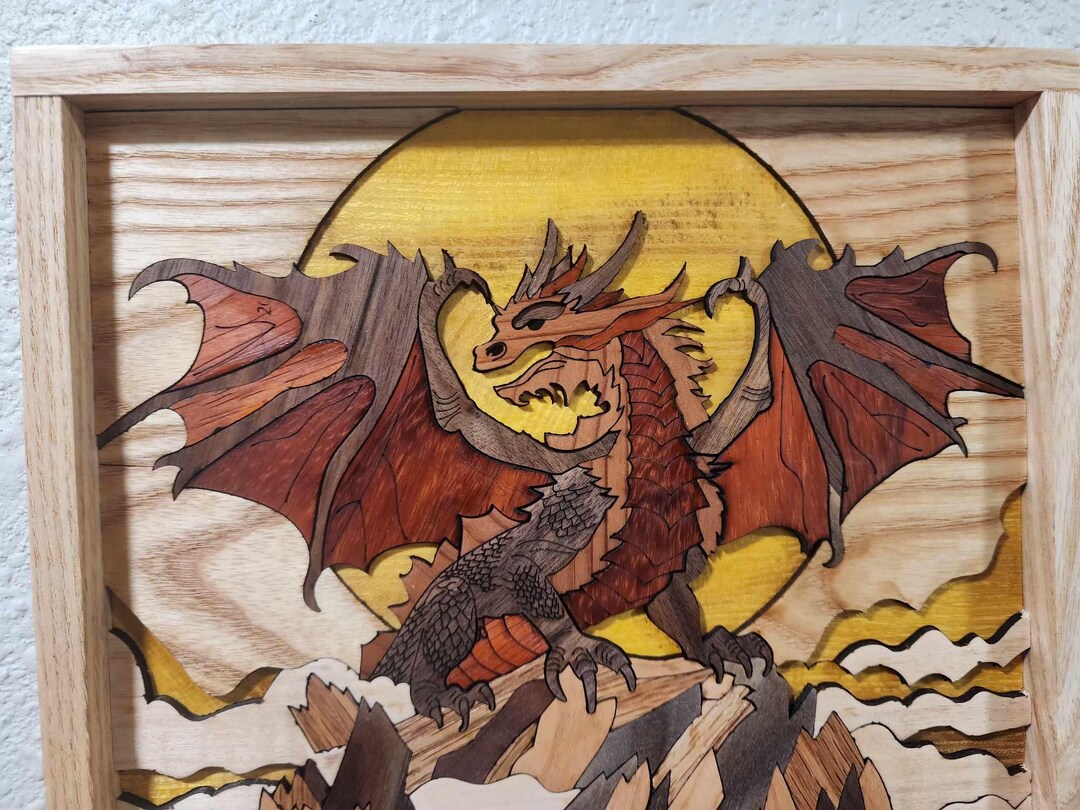 Handmade Wooden Dragon Wall Art – 10x10 Fantasy Decor | Multi-hardwood ...