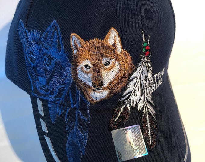 Native Pride Navy Baseball Hat With Wolf Face and Feathers - Etsy
