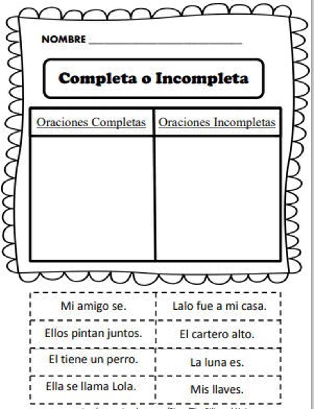 Oraciones Completas E Incompletas (10 Páginas) -complete & Incomplete ...