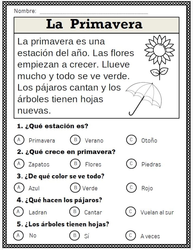 5 Cuentos Sobre Las 4 Estaciones - Spanish Worksheet Stories About the ...