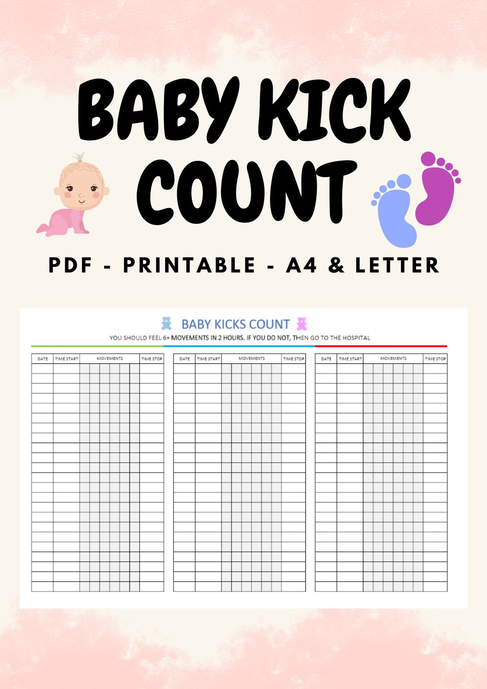 Baby Kick Count Printable, Baby Kick Movement, Fetal Kick Count ...