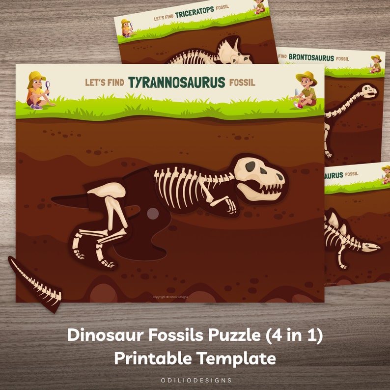 Dinosaur Fossil Puzzle for Kids Matching Game Printable Dino Skeleton ...
