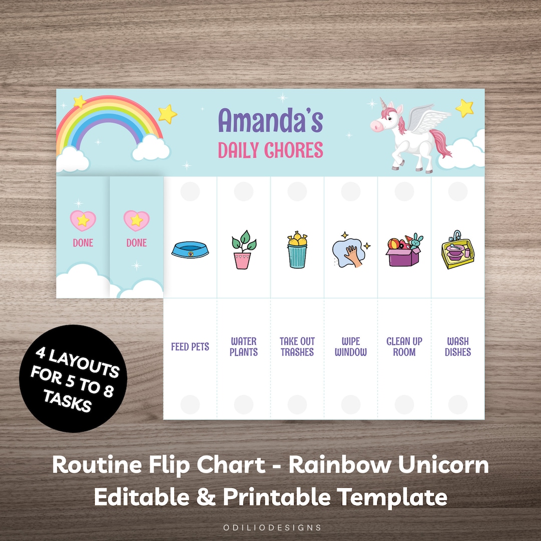 Rainbow Unicorn Chore Flip Chart for Girl Toddler Preschool Kid ...