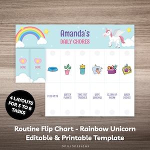 Rainbow Unicorn Chore Flip Chart for Girl Toddler Preschool Kid ...