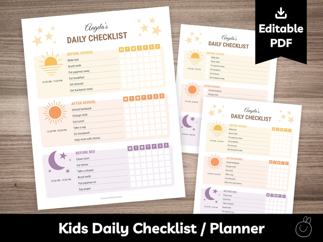Kids Daily Checklist Printable Chore Chart for Kid Routine & - Etsy