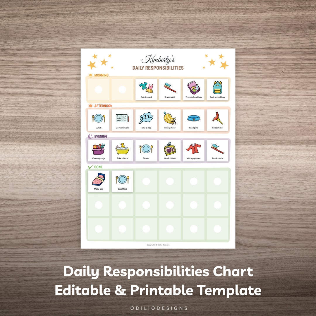 Daily Responsibilities Chart for Kids Morning Afternoon Evening Routine ...