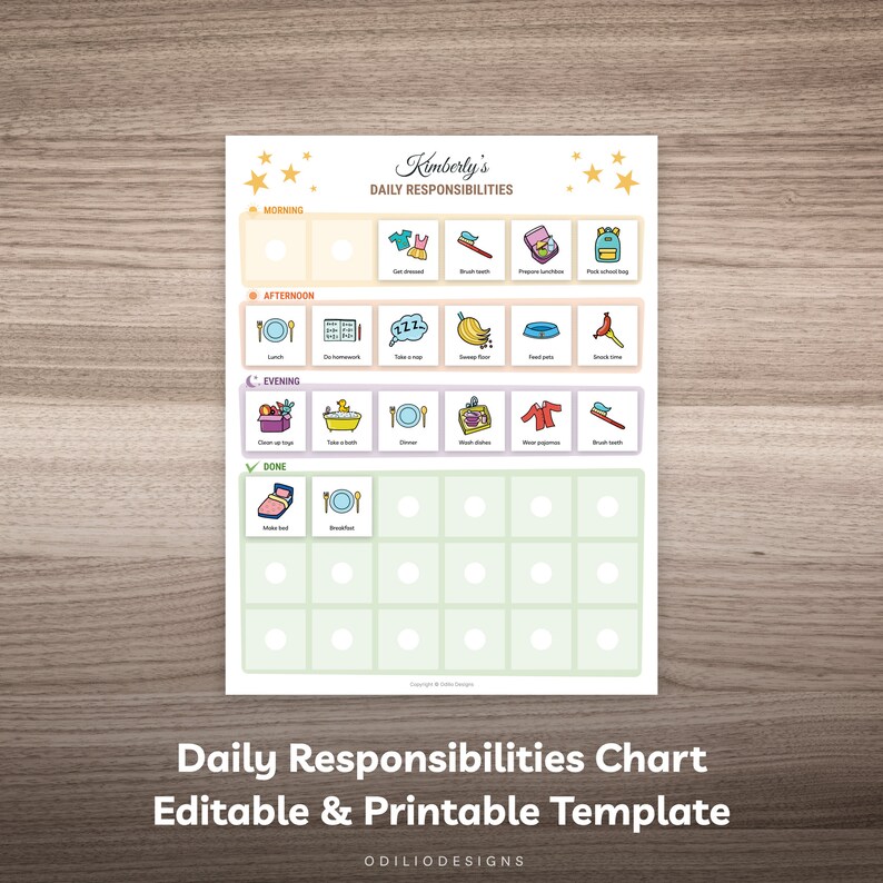 Daily Responsibilities Chart for Kids Morning Afternoon Evening Routine ...