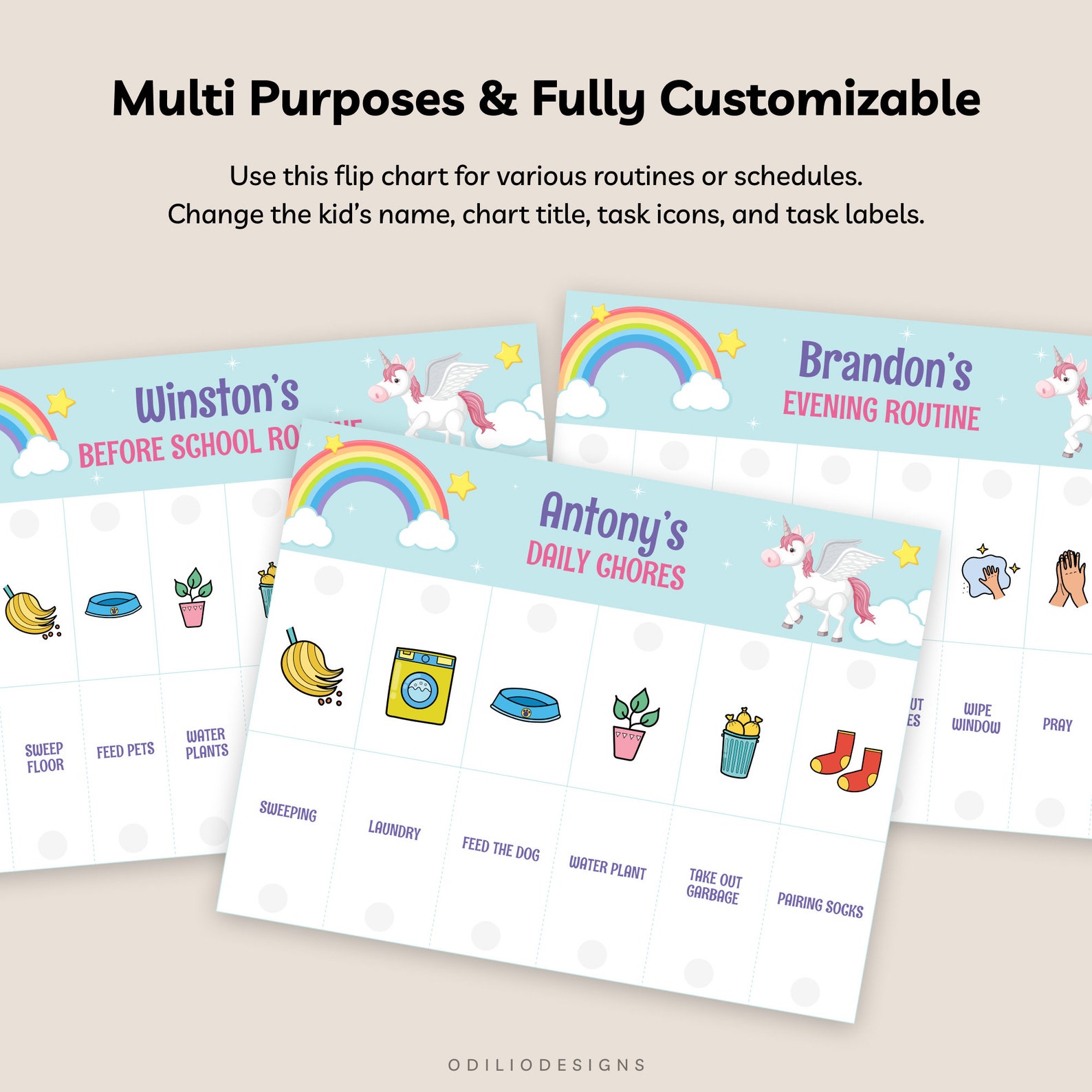 Rainbow Unicorn Chore Flip Chart for Girl Toddler Preschool Kid ...