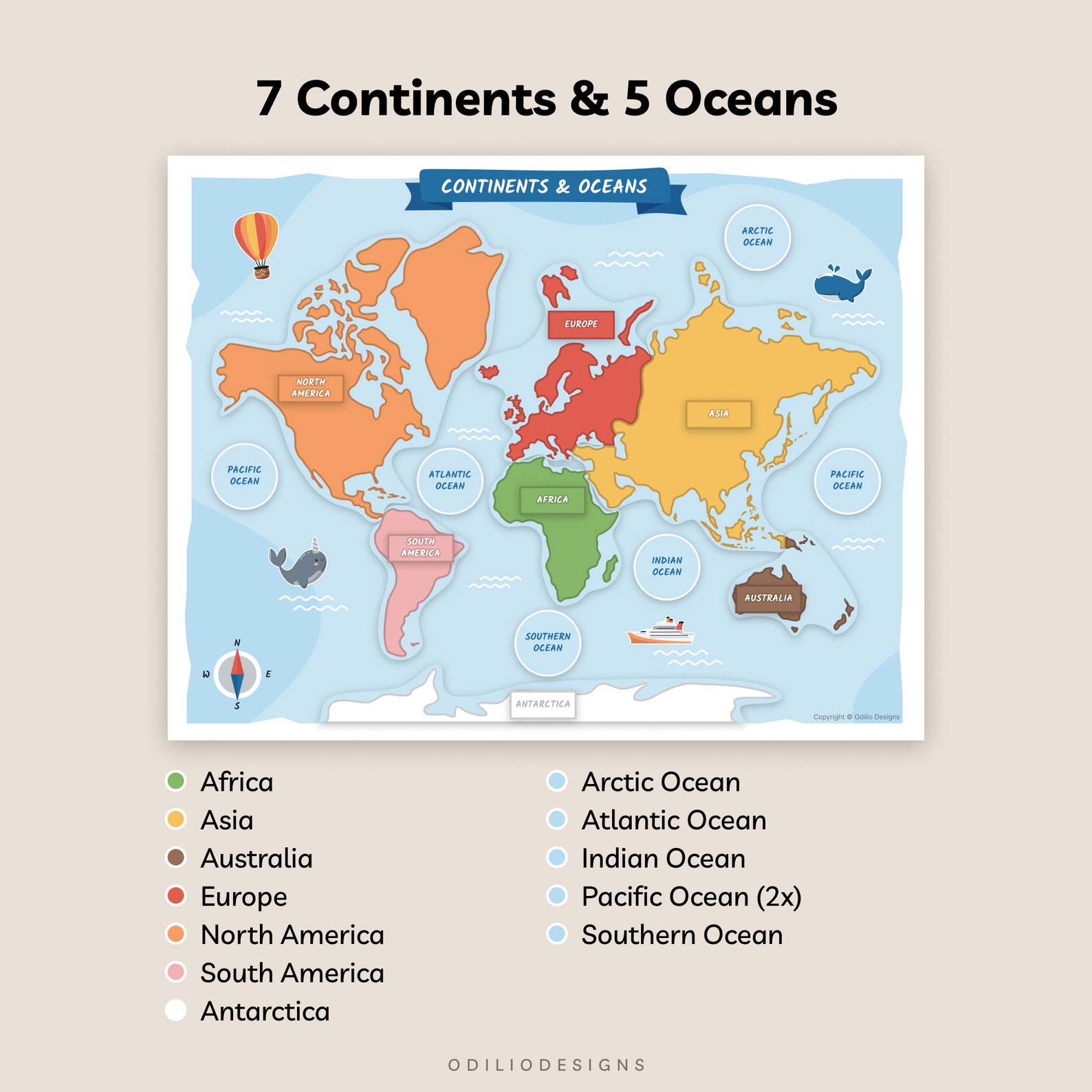 Continents & Oceans Puzzle for Kids World Map Printable Matching Game ...