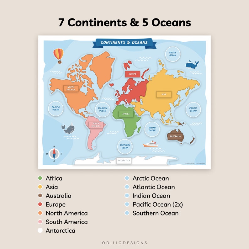 Continents & Oceans Puzzle for Kids World Map Printable Matching Game ...