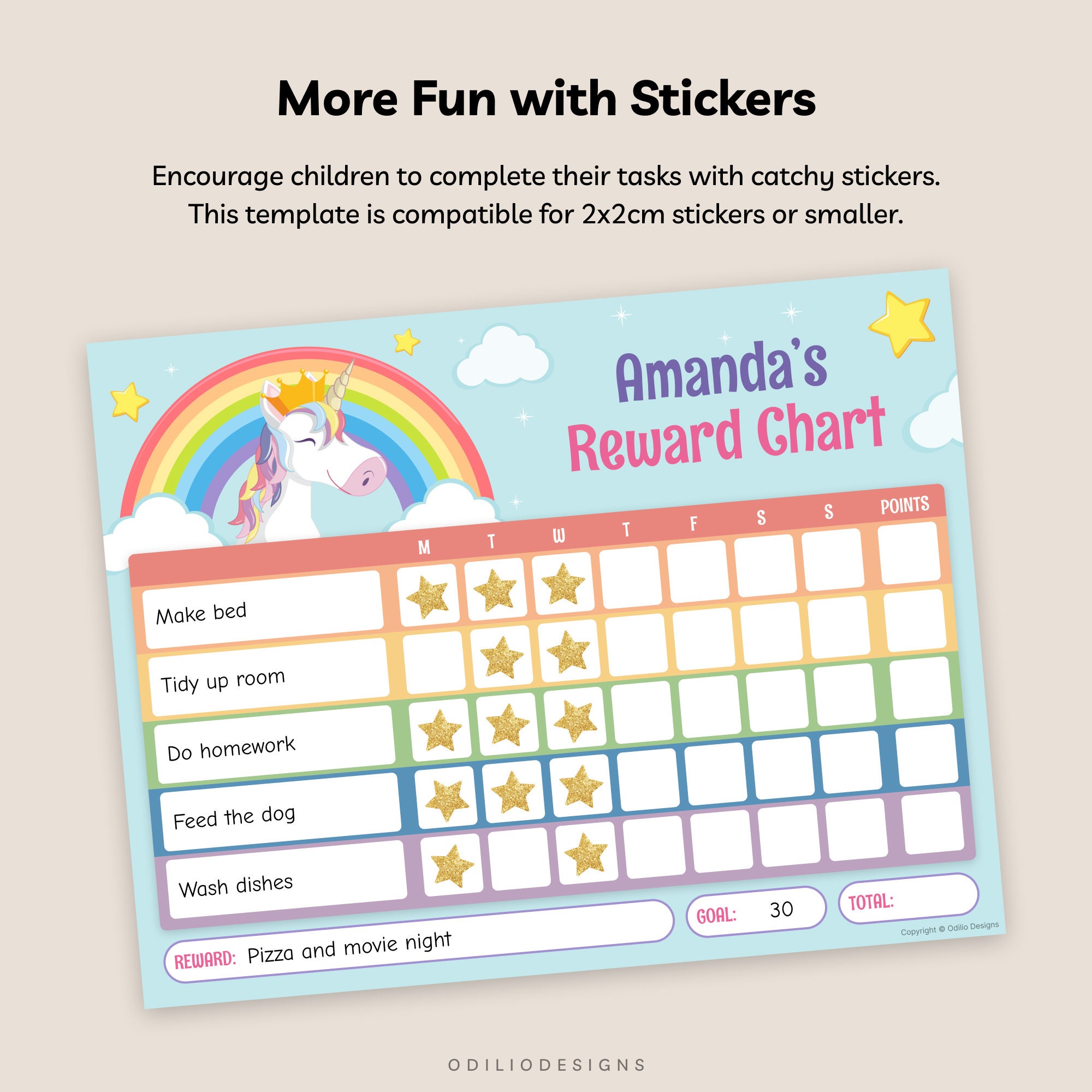 Rainbow Unicorn Reward Chart Sticker for Girl Chore List Printable ...