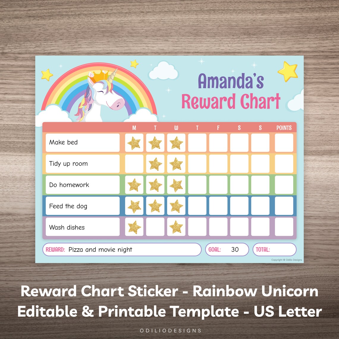 Rainbow Unicorn Reward Chart Sticker for Girl Chore List Printable ...