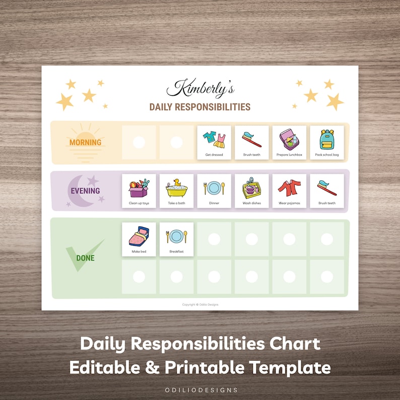 Daily Responsibilities Chart for Kids Morning Evening Routine Picture ...