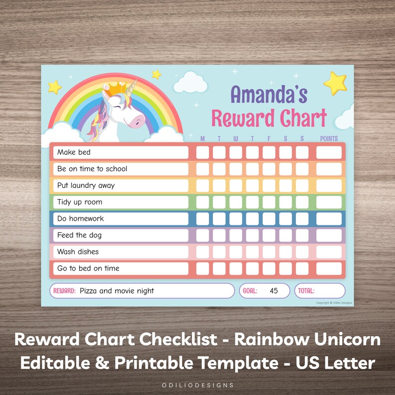 Rainbow Unicorn Reward Chart for Girls Chore Chart Printable - Etsy