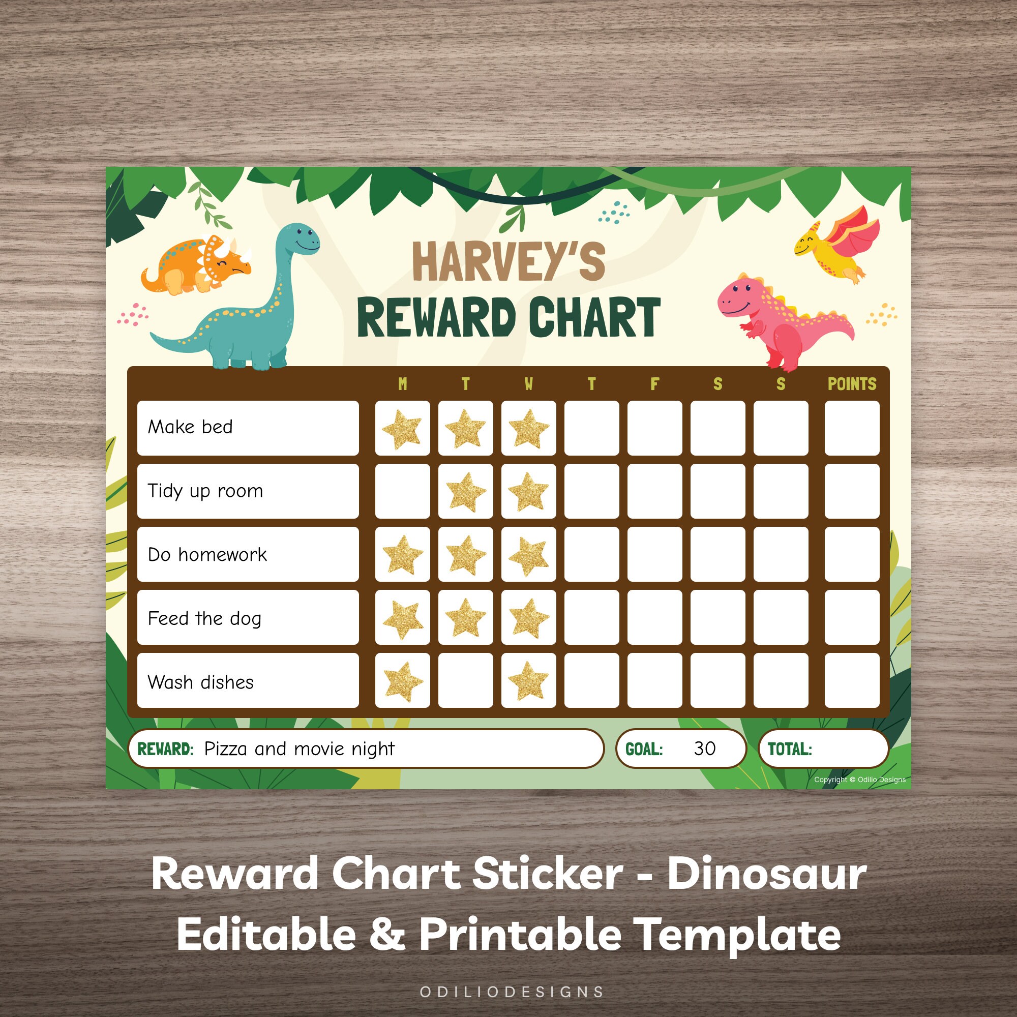 Editable Dinosaur Reward Chart Sticker for Kids Chore List Printable ...