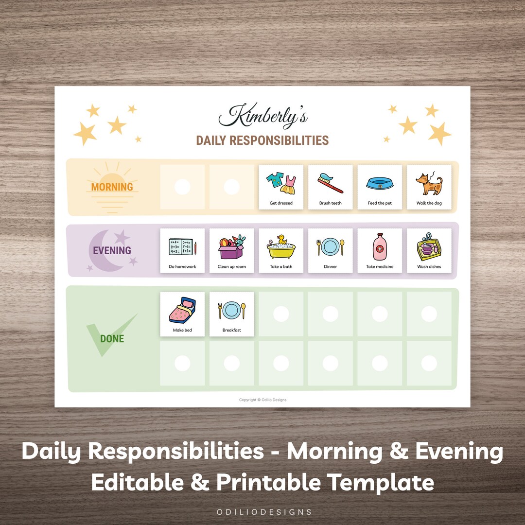 Daily Responsibilities Chart for Kids Morning Evening Routine - Etsy