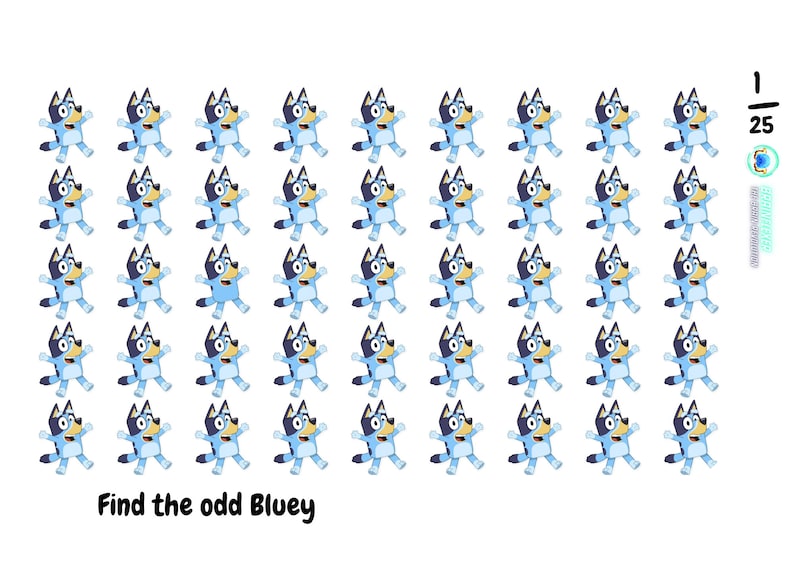 Bluey Themed Find the ODD One Out Challenge 25 Page Printable Puzzle ...