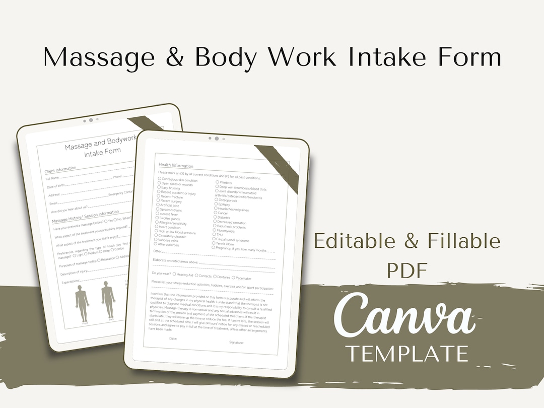 Massage and Bodywork Intake Form: Comprehensive Health and Preferences ...