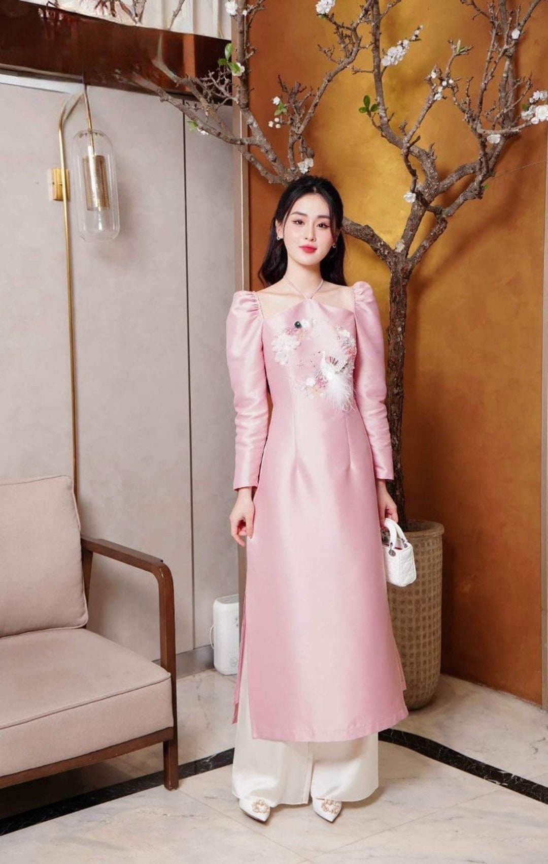 Pink Designed 3D Floral Vietnamese Dress Ao Dai -included Pants - Etsy