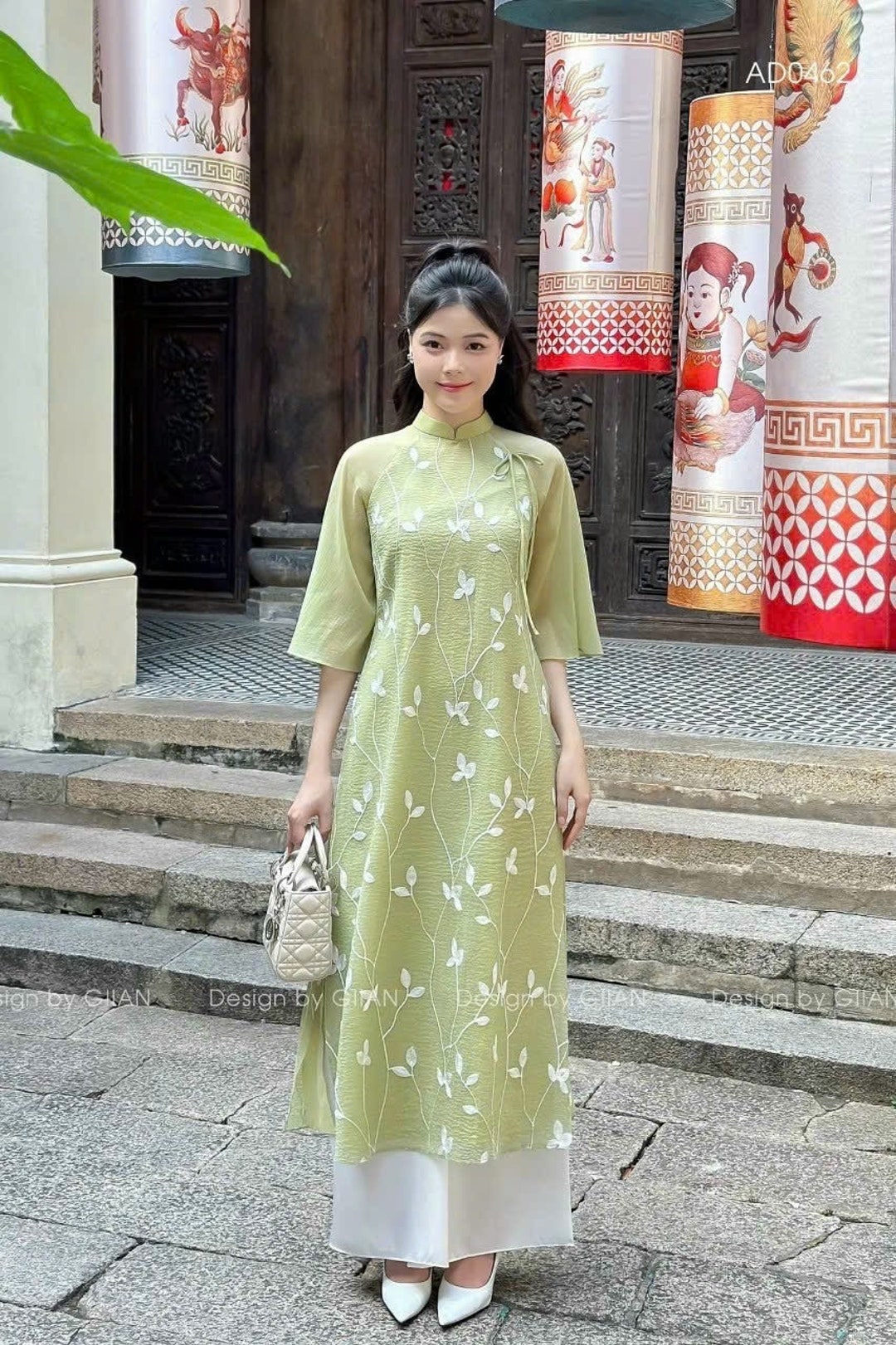 Pastel Green Designed 3D Floral Vietnamese Dress Ao Dai -included Pants ...