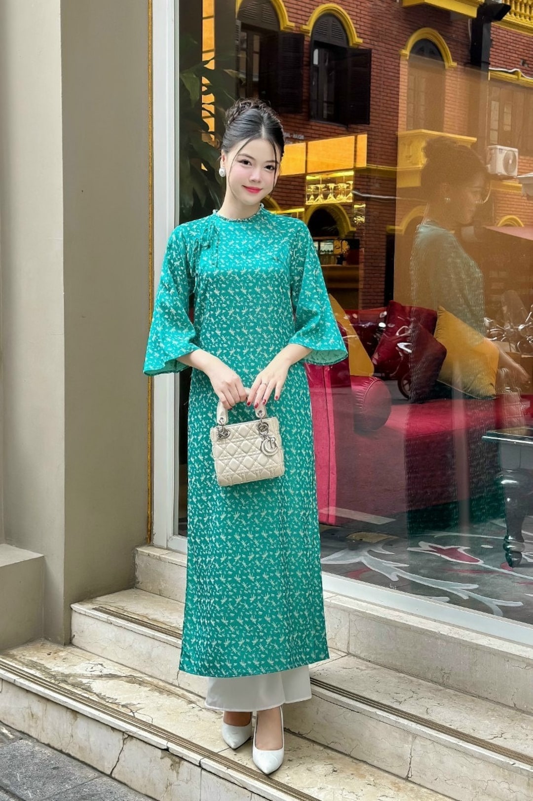 Green Brocade Vietnamese Traditional Ao Dai Long Dress , Including ...