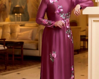 Pink Vietnamese Traditional Ao Dai Long Dress With 3D Flower - Etsy