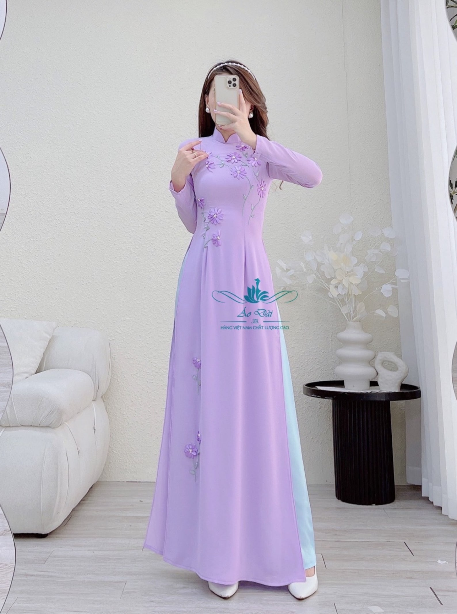 Lavender Vietnamese Traditional Ao Dai Long Dress With 3D Flower , Including Pants - Etsy
