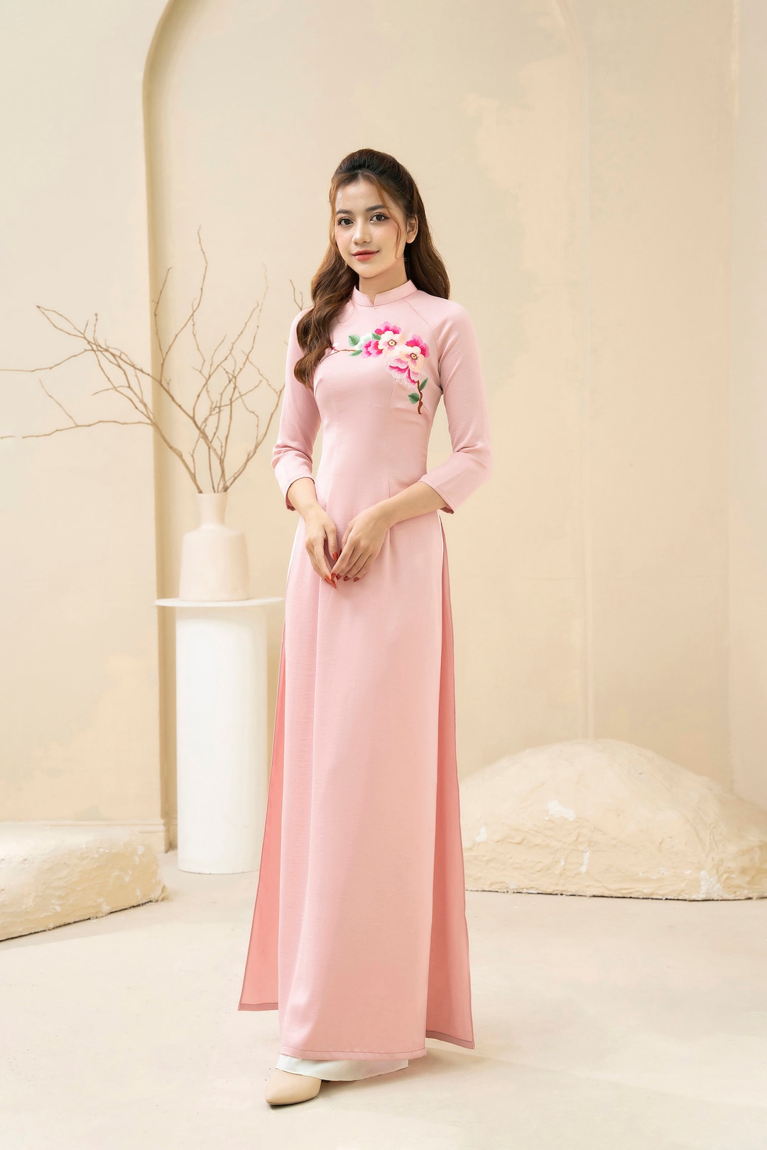 Pink Vietnamese Traditional Ao Dai Long Dress With 3D Flower ...