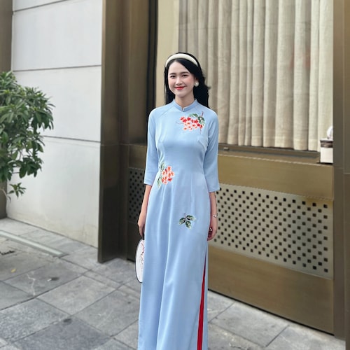 Green Vietnamese Traditional Ao Dai Long Dress With 3D Flower - Etsy