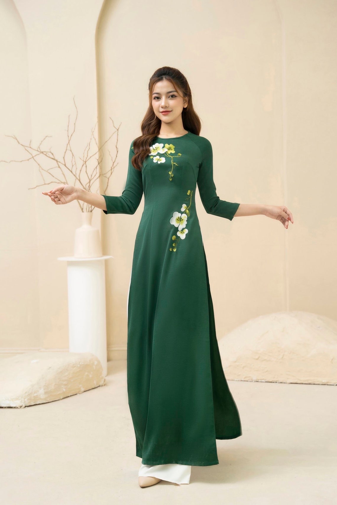 Green Vietnamese Traditional Ao Dai Long Dress With 3D Flower - Etsy