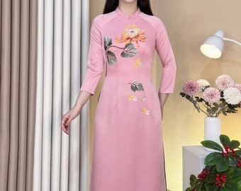 Pink Vietnamese Traditional Ao Dai Long Dress With 3D Flower , Including Pants - Etsy