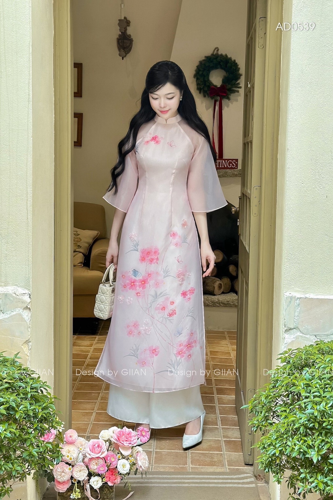 Pastel Pink Designed 3D Floral Vietnamese Dress Ao Dai -included Pants ...