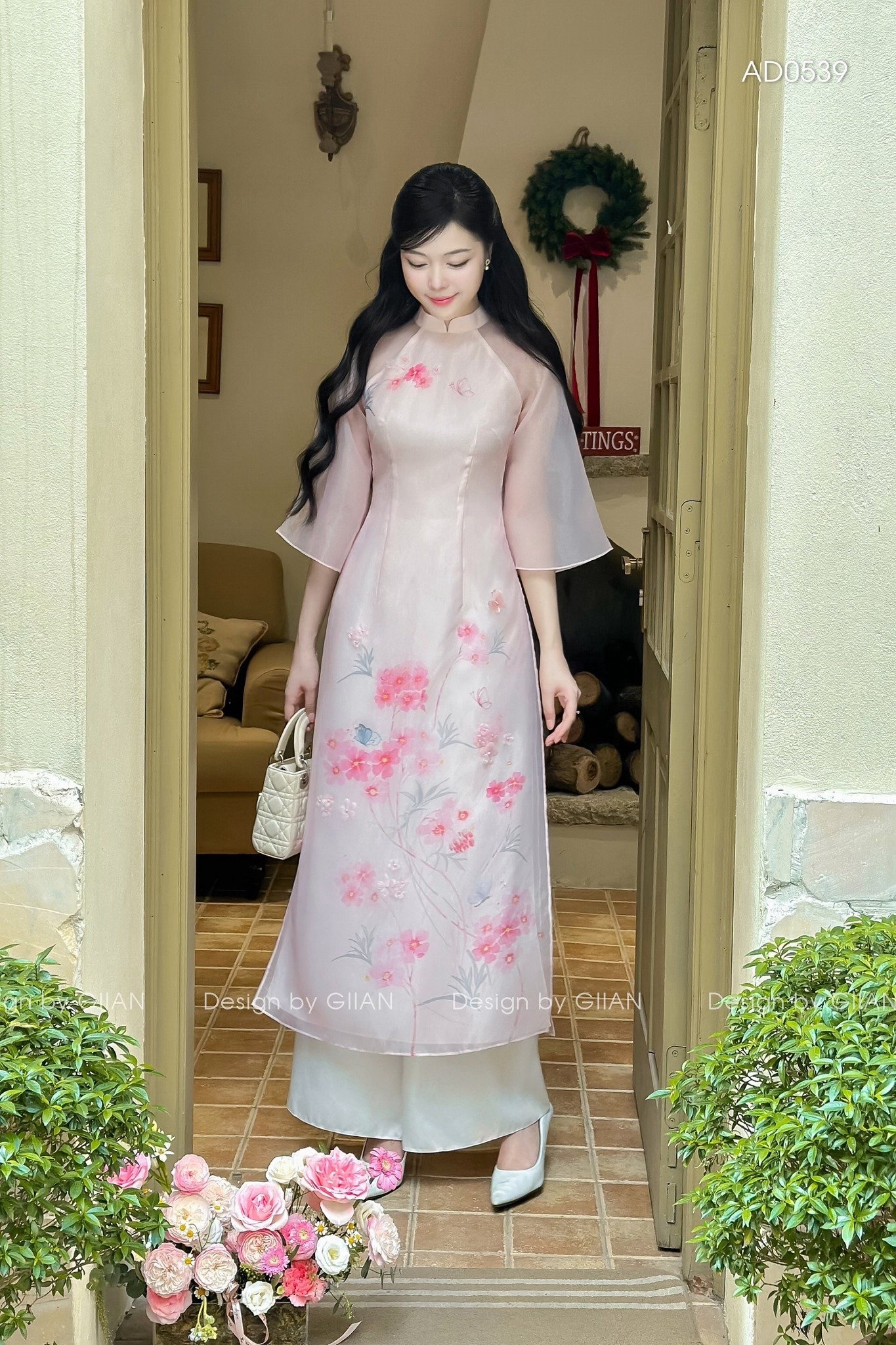 Pastel Pink Designed 3D Floral Vietnamese Dress Ao Dai included Pants ...