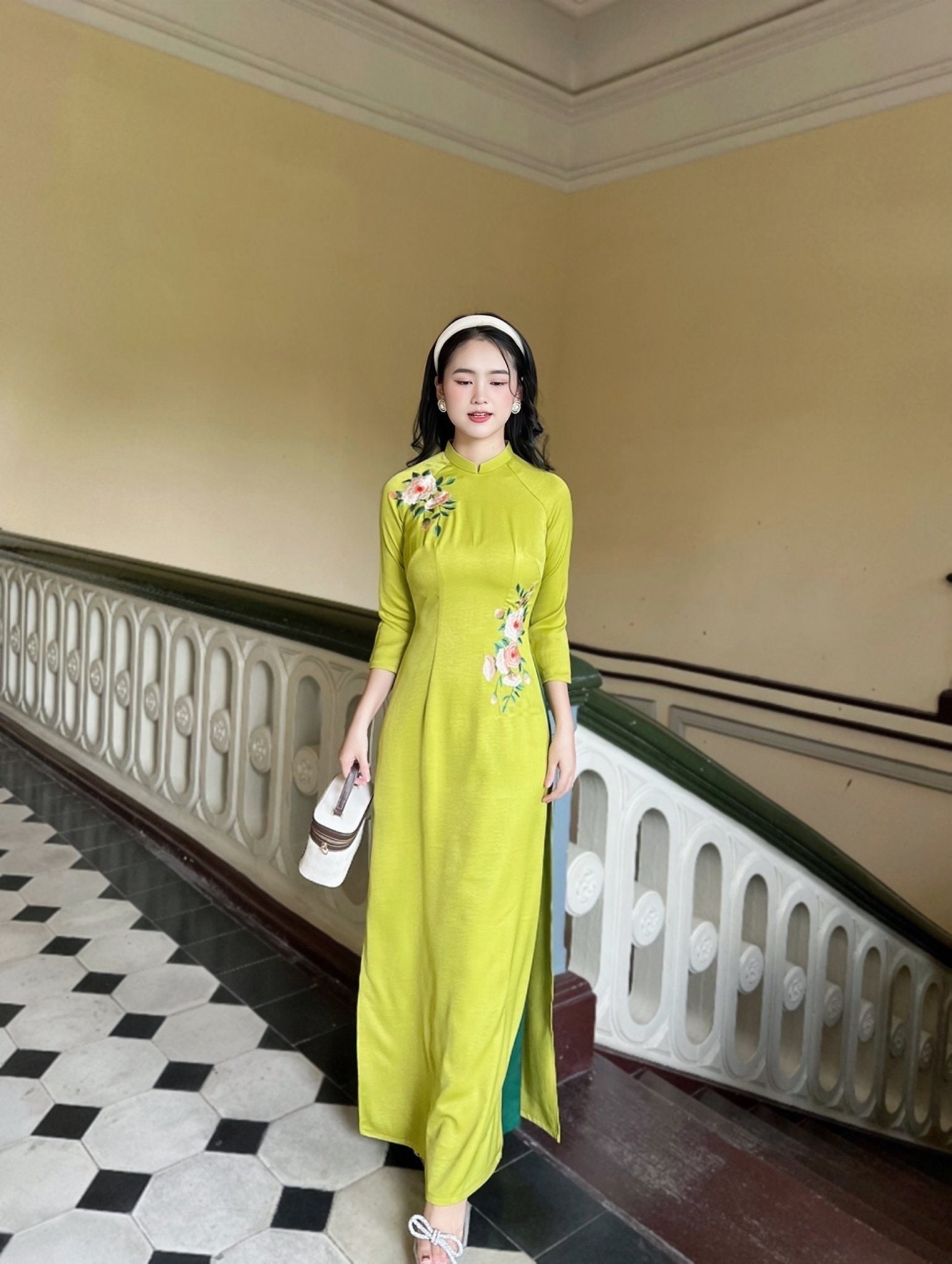 Green Vietnamese Traditional Ao Dai Long Dress With 3D Flower , Including Pants - Etsy