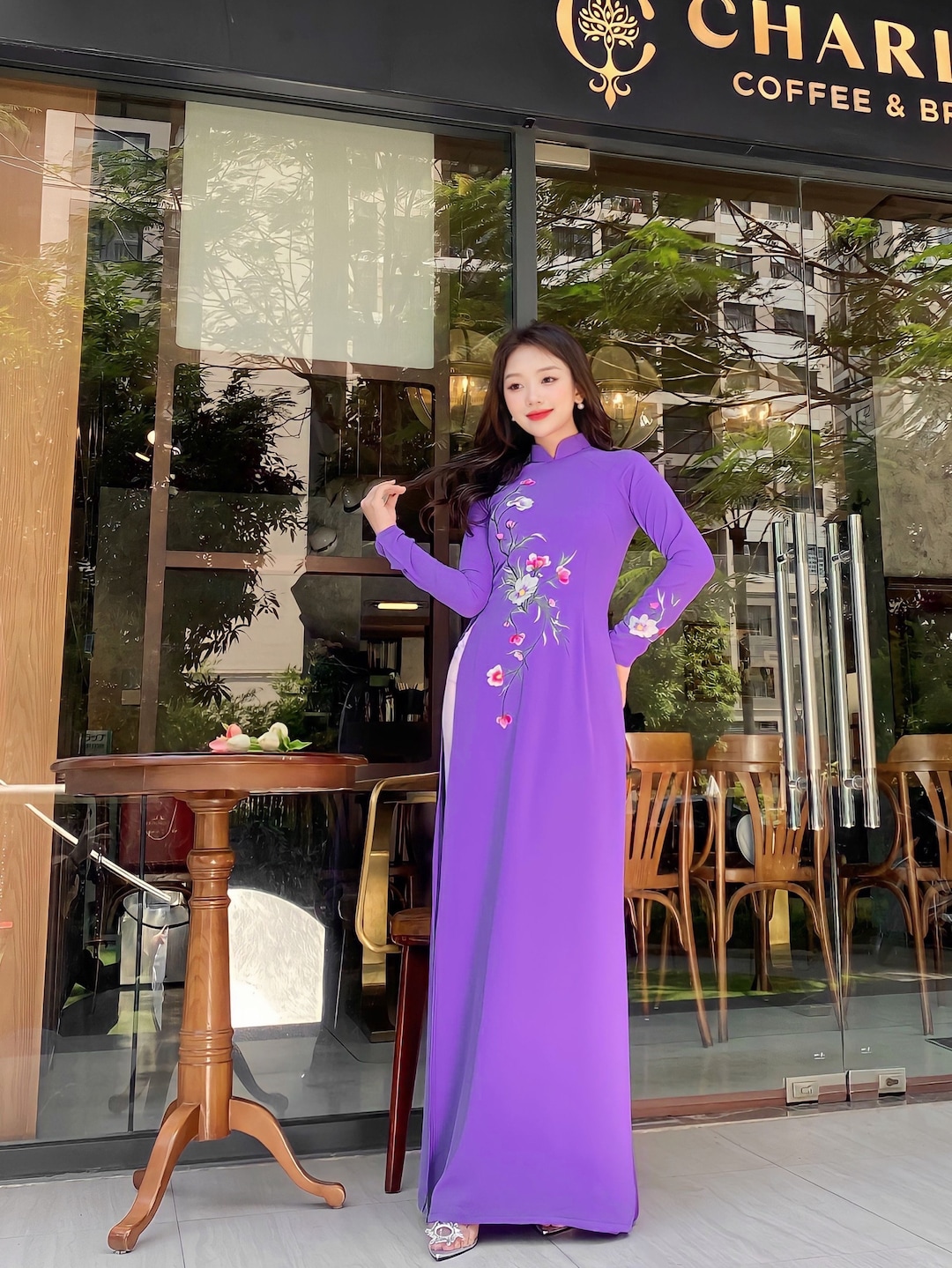 Purple Vietnamese Traditional Ao Dai Long Dress With Embroidery ...